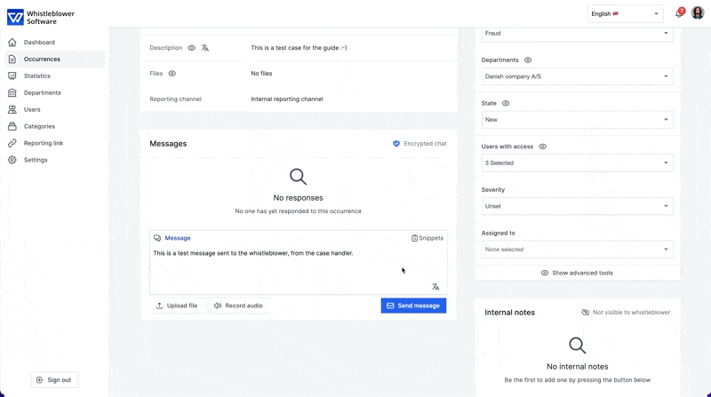 How to write a message to the whistleblower, including files and audio recording